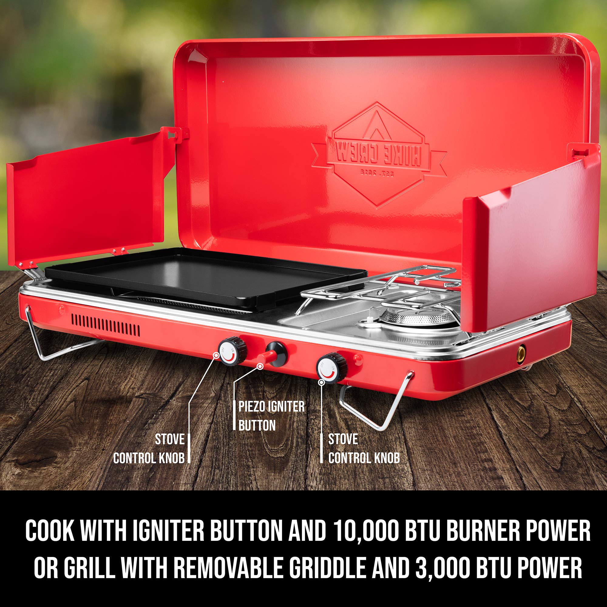 Hike Crew 2-in-1 Gas Camping Stove | Portable Propane Grill/Stove Burner w/Integrated Igniter & Stainless Steel Drip Tray | Built-in Carrying Handle, Foldable Legs & Wind Panels | Includes Regulator