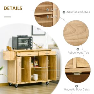 HOMCOM Kitchen Island on Wheels, Natural Hardwood Kitchen Cart with Drawers, Storage Cabinets, and Tool Caddy, Microwave Cart for Dining Room, 54 Inches Wide