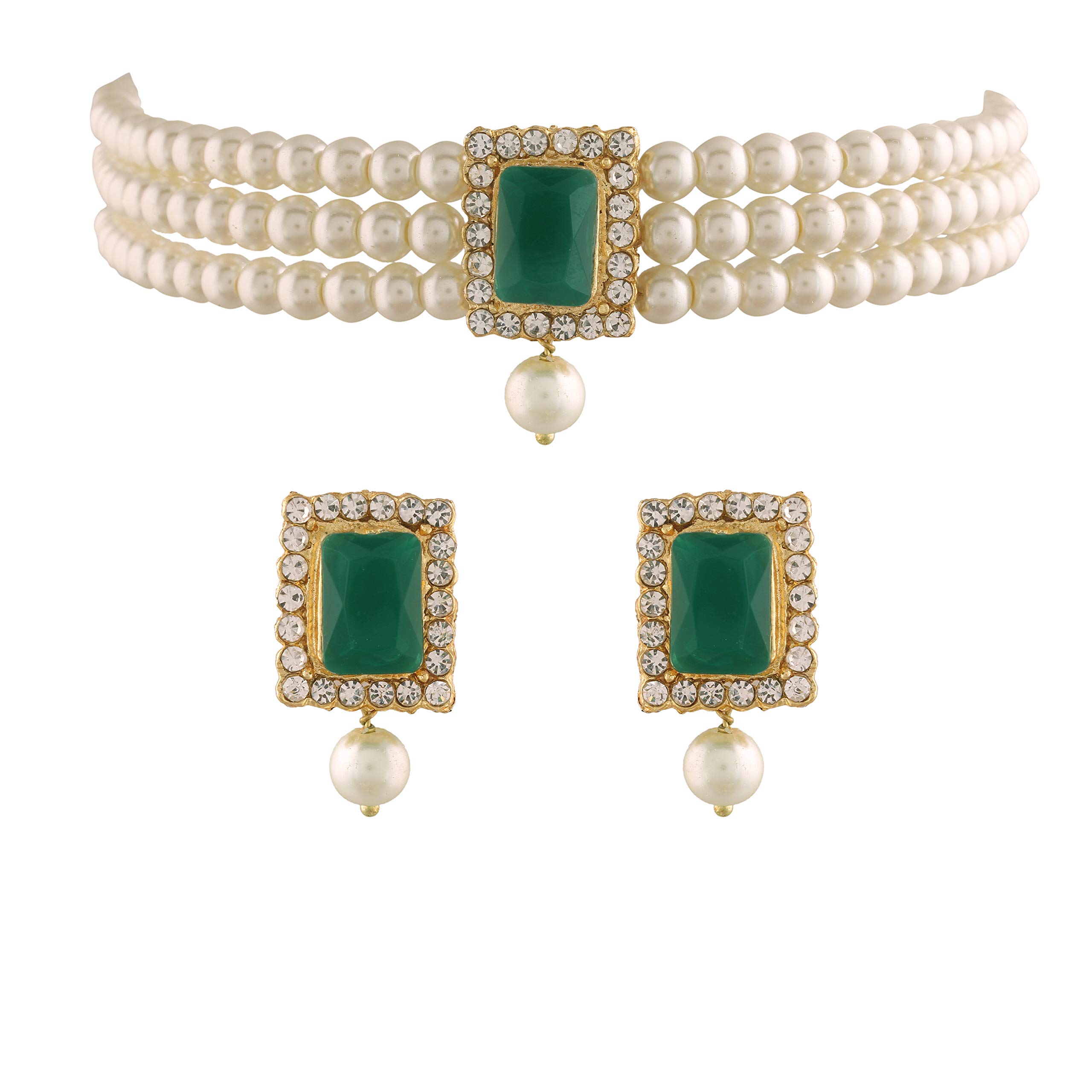 I Jewels Gold Plated Indian Wedding Bollywood Stone Pearl Choker Necklace Jewellery Set For Women (Green)