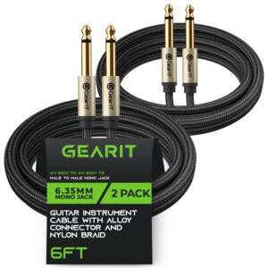 gearit guitar instrument cable (6ft 2-pack) 1/4 inch to 1/4 inch ts straight male to male 6.35mm mono jack with alloy connector and nylon braid