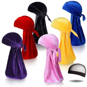 leaduway 6pcs velvet durag with 1 wave cap for 360 waves doo rag(purple, red, black, pink, yellow, blue)