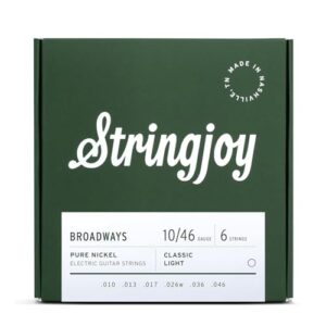 stringjoy br1046 broadways electric pure nickel guitar strings, 10-46 classic light gauge, durable, guitar strings for enhanced tone & smooth play, electric guitar strings 6 string set