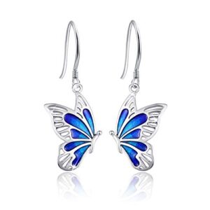 butterfly drop earrings, 925 sterling silver hypoallergenic dangly earring for sensitive ears jewelry mother day for women girlfriend butterflies lovers with box (blue)