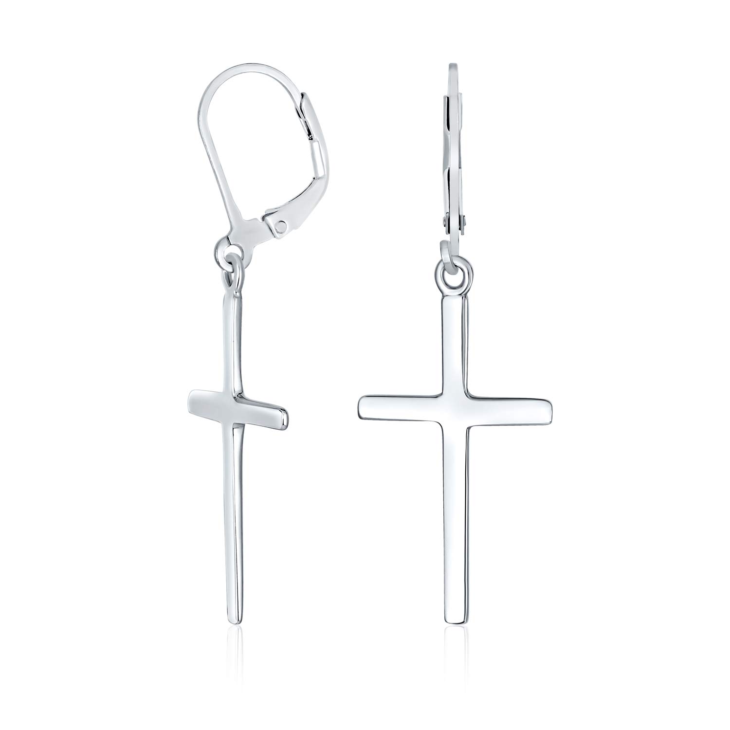 Classic Simple Plain Religious Cross Drop Dangle Earrings For Women For Teen Secure Lever back High Polished .925 Sterling Silver