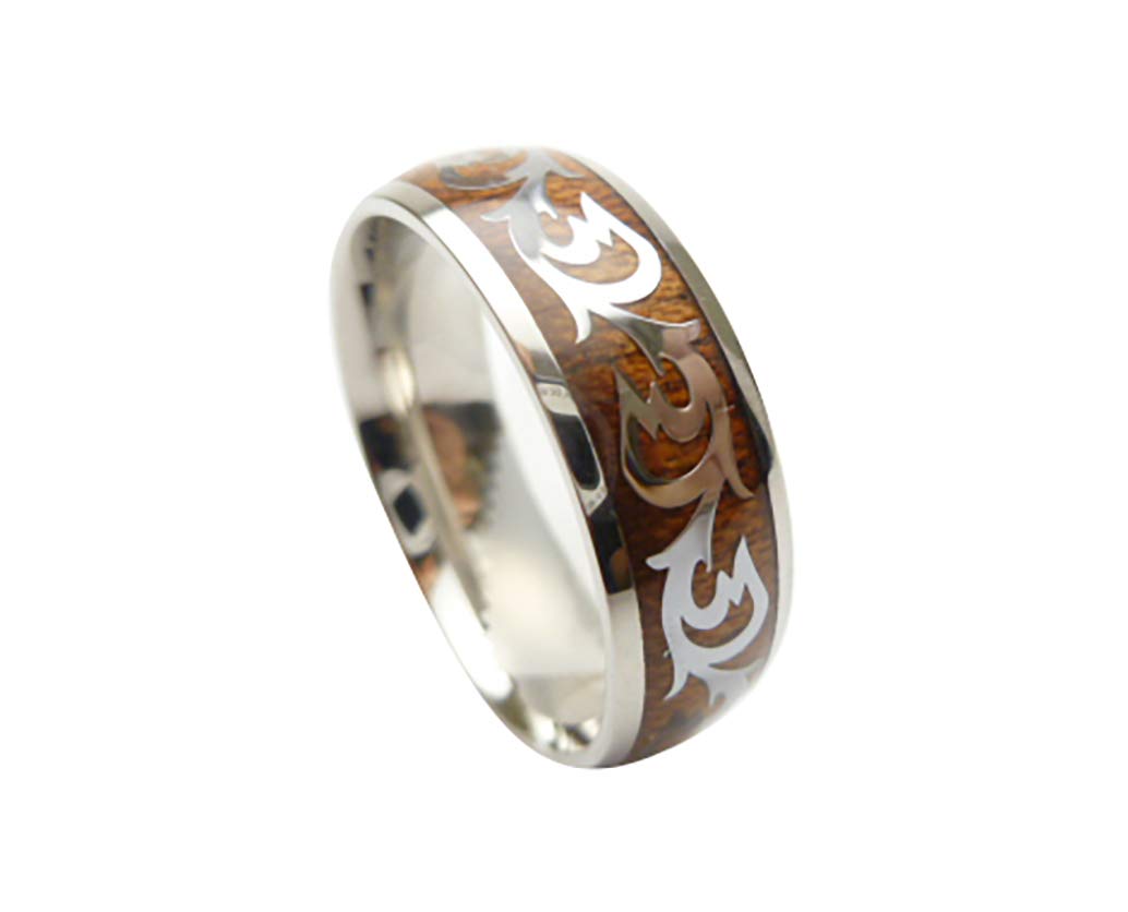 Island Sense Natural Hawaii Koa Wood Stainless Steel With Tribal Wave Design Curved Top 8mm Wide Comfort Fit Wedding Band, Engagement, or Promise Aloha Ring (10)