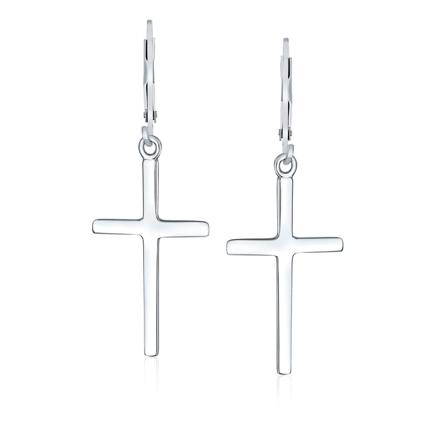 Classic Simple Plain Religious Cross Drop Dangle Earrings For Women For Teen Secure Lever back High Polished .925 Sterling Silver