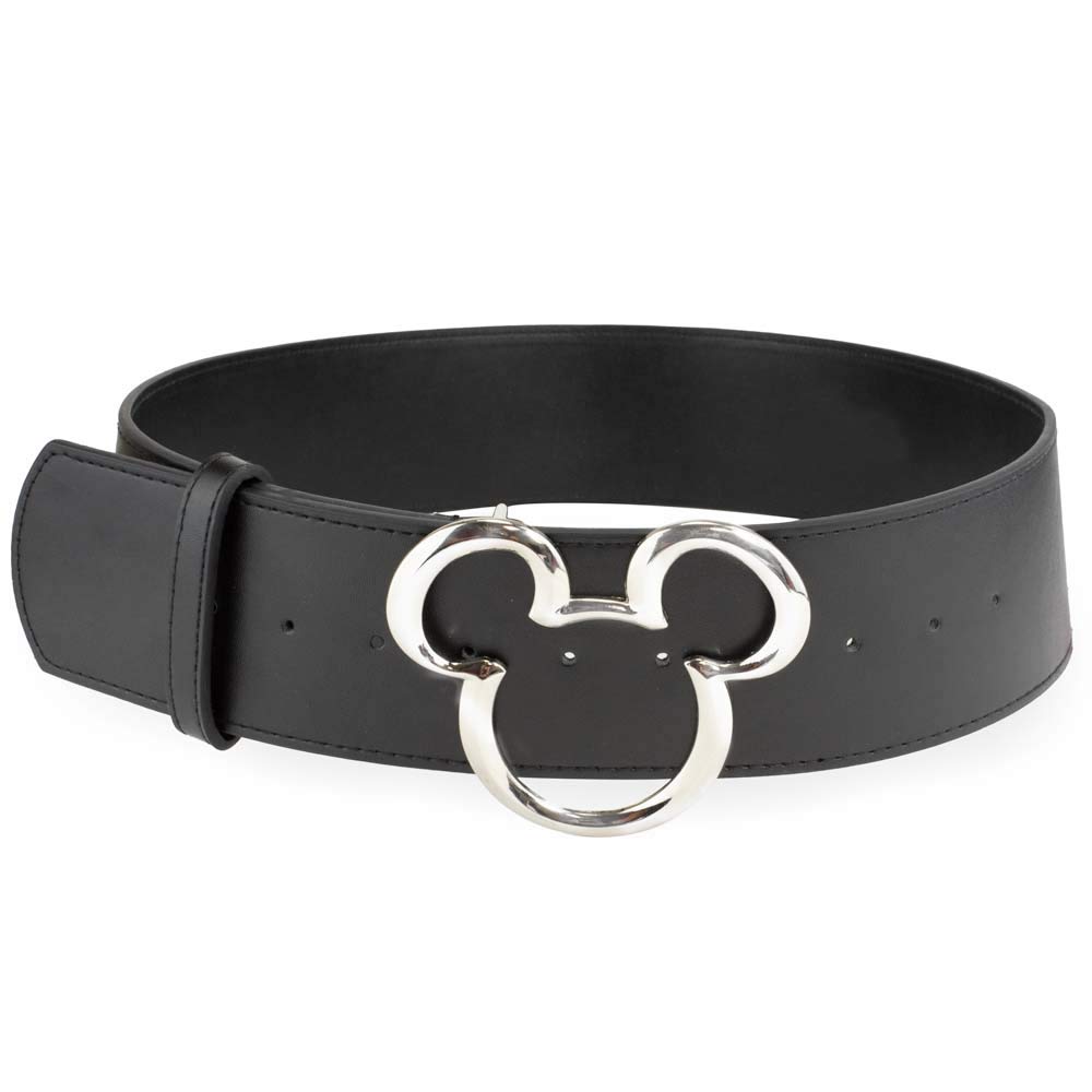 Buckle-Down Women's Disney Ears Silver Cast, Black Vegan Leather Belt, Mickey Mouse, 2.75" Wide-Fits-35.5-44.5 Inches