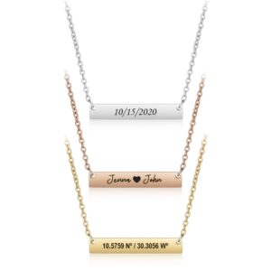 personalized bar necklace for women, custom engraved stainless steel name plate necklace gift gold, silver and rose gold for mothers day, coordinates, dates, roman numeral, friendship, christmas