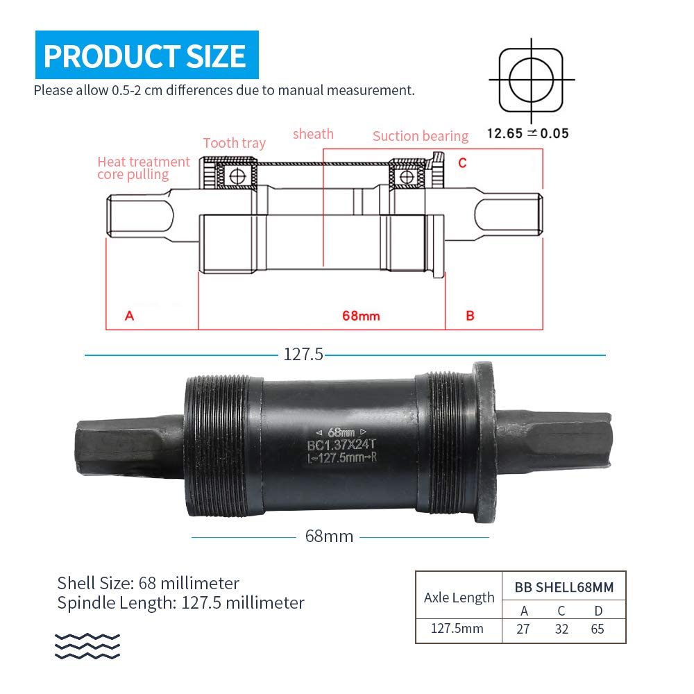 Zreneyfex Square Taper JIS Bottom Bracket 68 X110mm/123mm/127mm for Mountain Bike Replace BB-UN26 (68 x 127mm)