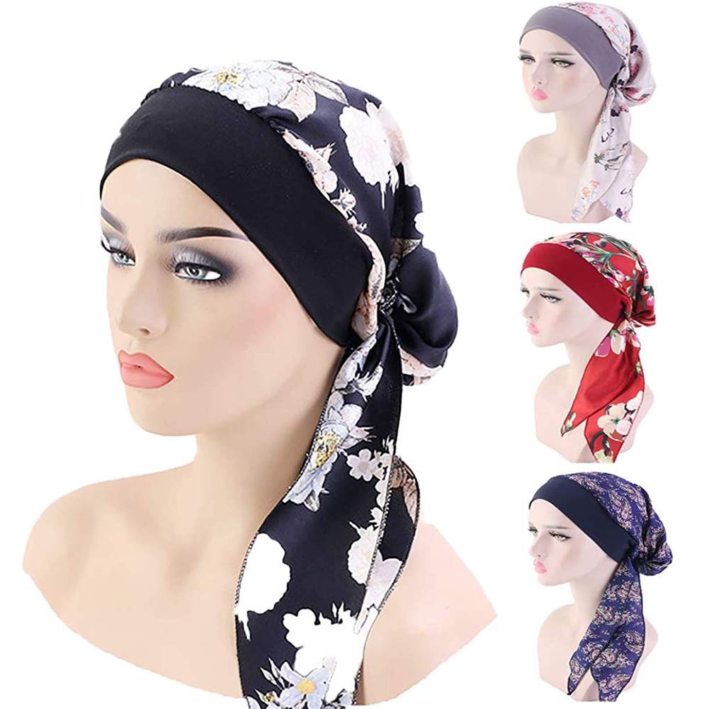 Greenf 4 Pieces Chemo Headwear Elastic Turbans for Women Vintage Silky Turbans Bonnet Long Hair Head Scarf Headwraps Cancer Printing Hat Sleep Hat Cap Red Black, 22-23inch