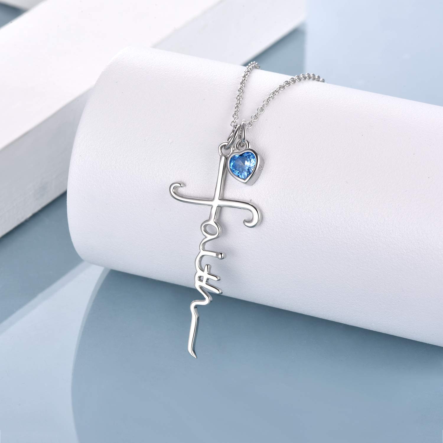 UCADRIT Faith Cross Necklace March Birthstone Sterling Silver with Simulated Birthstone Faith Jewelry First Communion Confirmation Graduation Christmas Gift for Women