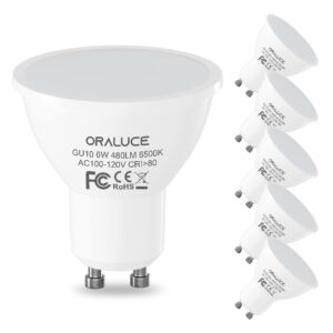 oraluce gu10 led bulbs, 6 watt equivalent to 50w halogen light bulb,non-dimmable,6500k cool white, 120 v, 480 lm,120° flood beam angle, mr16 shape for recessed, track lighting, pack of 6