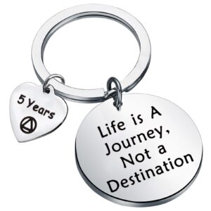 bekech sober gift sobriety anniversary keychain life is a journey not a destination 1 month 6 months 1 year 2 years 3 year aa yearly recovery jewelry gift for women men (silver 5years)