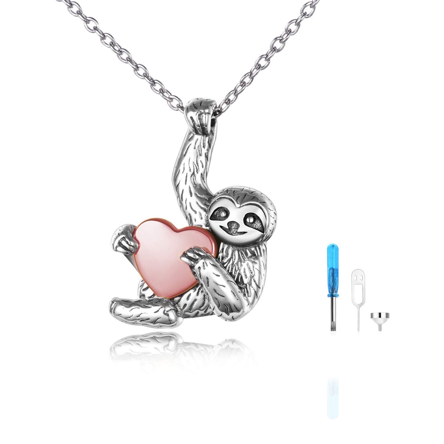 YFN Sloth Necklace Sterling Silver Sloth Cremation Urn Necklaces for Ashes Heart Memory Jewelry Sloth Gifts for Women Men