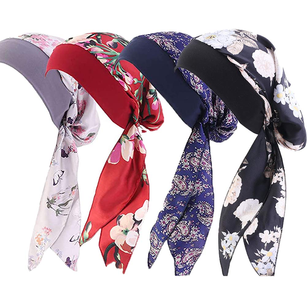 Greenf 4 Pieces Chemo Headwear Elastic Turbans for Women Vintage Silky Turbans Bonnet Long Hair Head Scarf Headwraps Cancer Printing Hat Sleep Hat Cap Red Black, 22-23inch