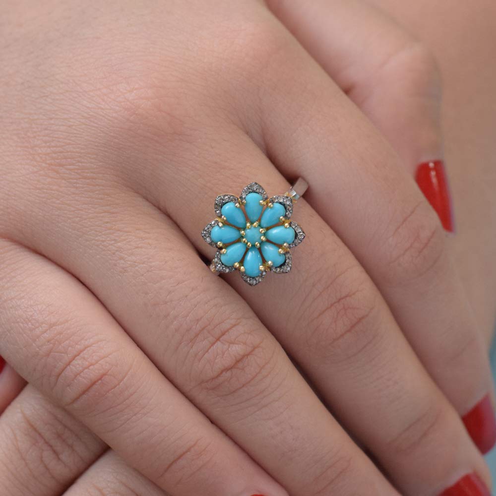 Shweta Creations Handmade Natural Diamond Ring,Diamond Flower Ring With 0.19 Carat Brown Natural Diamond (I2-I3 Clarity) And 1.45 cts. Blue Soothing Turquoise For Women Gifts On Birthday Anniversary