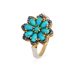 shweta creations handmade natural diamond ring,diamond flower ring with 0.19 carat brown natural diamond (i2-i3 clarity) and 1.45 cts. blue soothing turquoise for women gifts on birthday anniversary