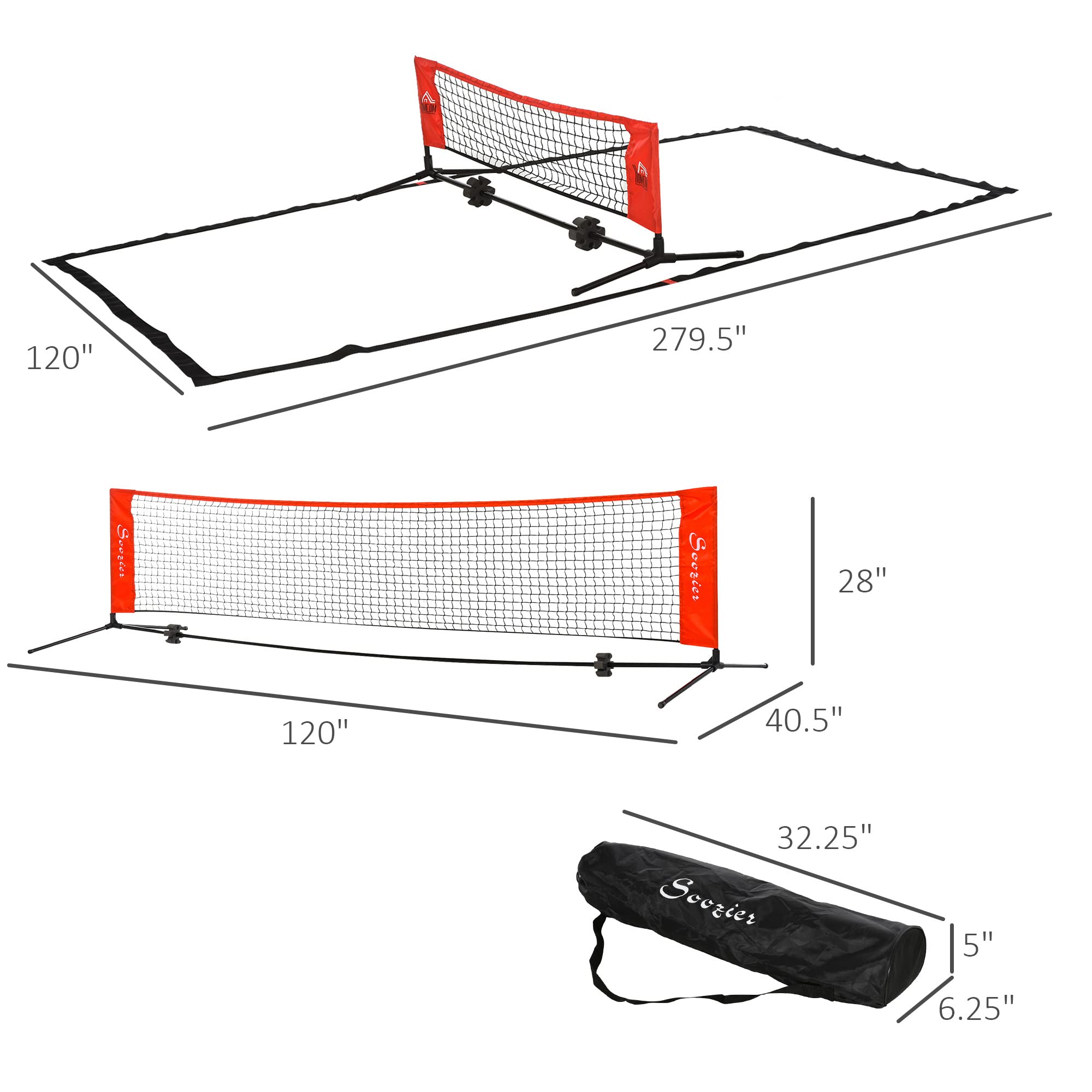 Soozier 10ft Portable Soccer Tennis/Pickleball/Badminton/Mini Tennis Net w/Sideline for Training with Included Storage Bag, Red