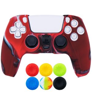 9cdeer 1 piece of silicone protective cover skin + 6 thumb grips for playstation 5 / ps5 controller camouflage red