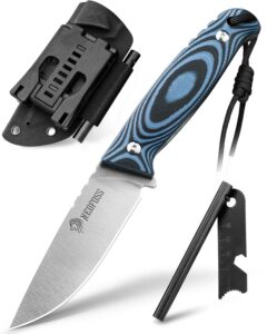 nedfoss hyenas bushcraft knife with fire starter, 3.5" 440c steel camping knife with kydex sheath, blue g10 handle for outdoor, tac, gift