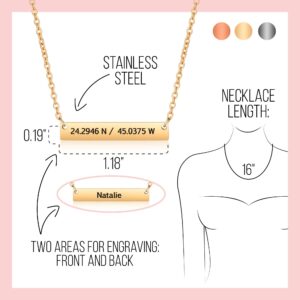 Personalized bar necklace for women, custom engraved stainless steel name plate necklace gift gold, silver and rose gold for mothers day, coordinates, dates, roman numeral, friendship, christmas