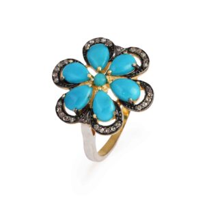 shweta creations handmade natural diamond ring,diamond flower ring with 0.2 carat brown natural diamond (i2-i3 clarity) and 2 cts. blue soothing turquoise for women gifts on birthday anniversary