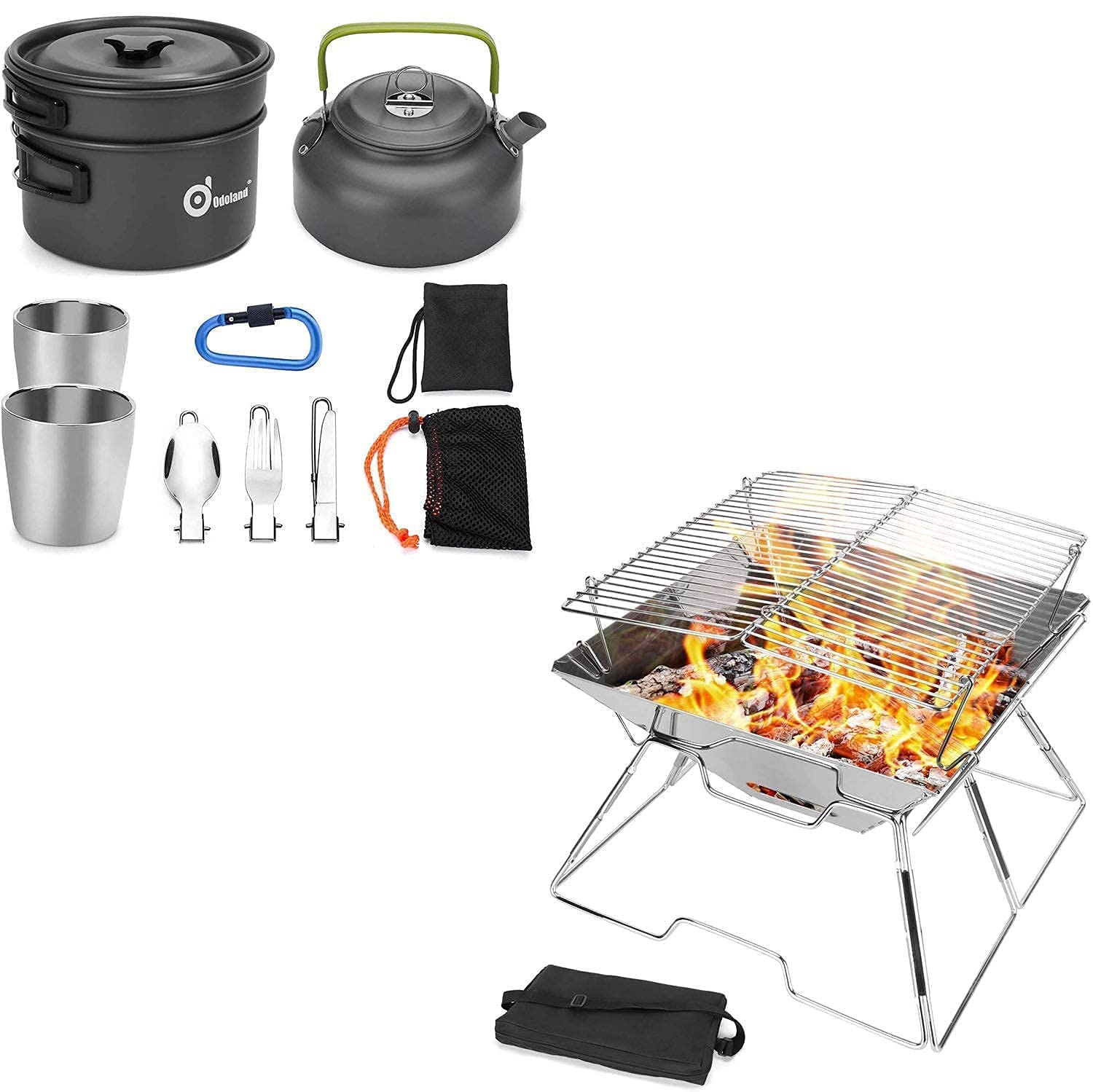 Odoland Bundle – 2 Items 10pcs Camping Cookware Mess Kit and Folding Campfire Grill, Camping Fire Pit, Outdoor Wood Stove Burner for Outdoor Backpacking Hiking BBQ