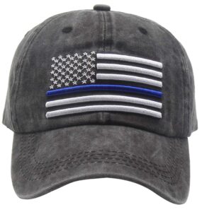 oascuver men's embroidered thin blue line american flag hat cotton adjustable baseball cap dad hat (thin blue line embroidered black, one size)