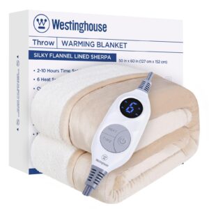 westinghouse heated throw blanket, soft flannel to sherpa electric throw with 6 heating levels, 2-10 hours time settings, fast heating, machine washable 50x60 inch, ivory