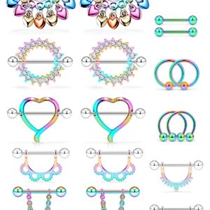 Ftovosyo 20Pcs Nipple Ring 14G Surgical Steel Tongue Nipplerings Barbell Bar Hoop Rings Retainer CZ Heart Chain Dangle Nipple Piercing Jewelry for Women Men 14MM (9/16 Inch) Rainbow