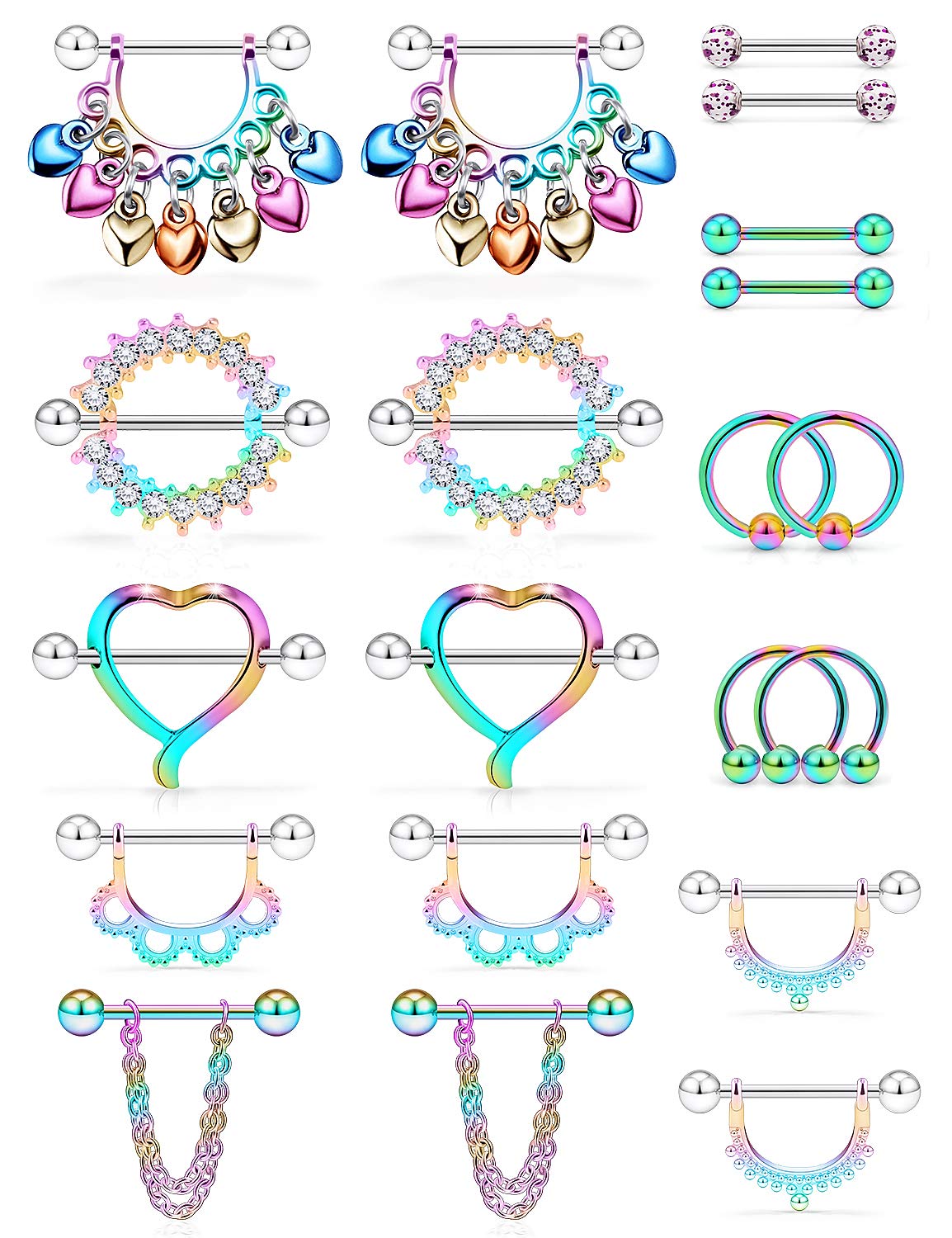 Ftovosyo 20Pcs Nipple Ring 14G Surgical Steel Tongue Nipplerings Barbell Bar Hoop Rings Retainer CZ Heart Chain Dangle Nipple Piercing Jewelry for Women Men 14MM (9/16 Inch) Rainbow