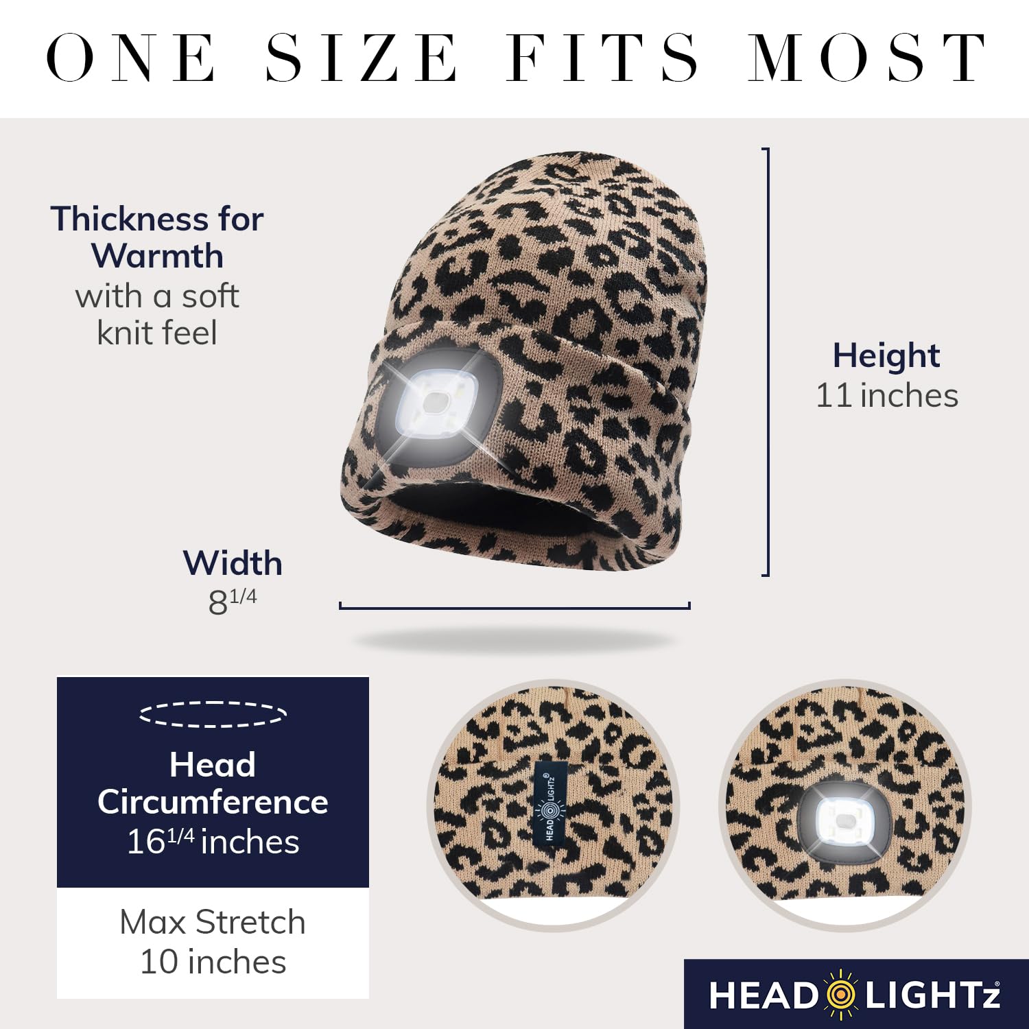 HEAD LIGHTZ Headlightz by Roq Innovation - Beanie with Light, Unisex LED Beanie Hat with Light Built in, Rechargeable, Leopard