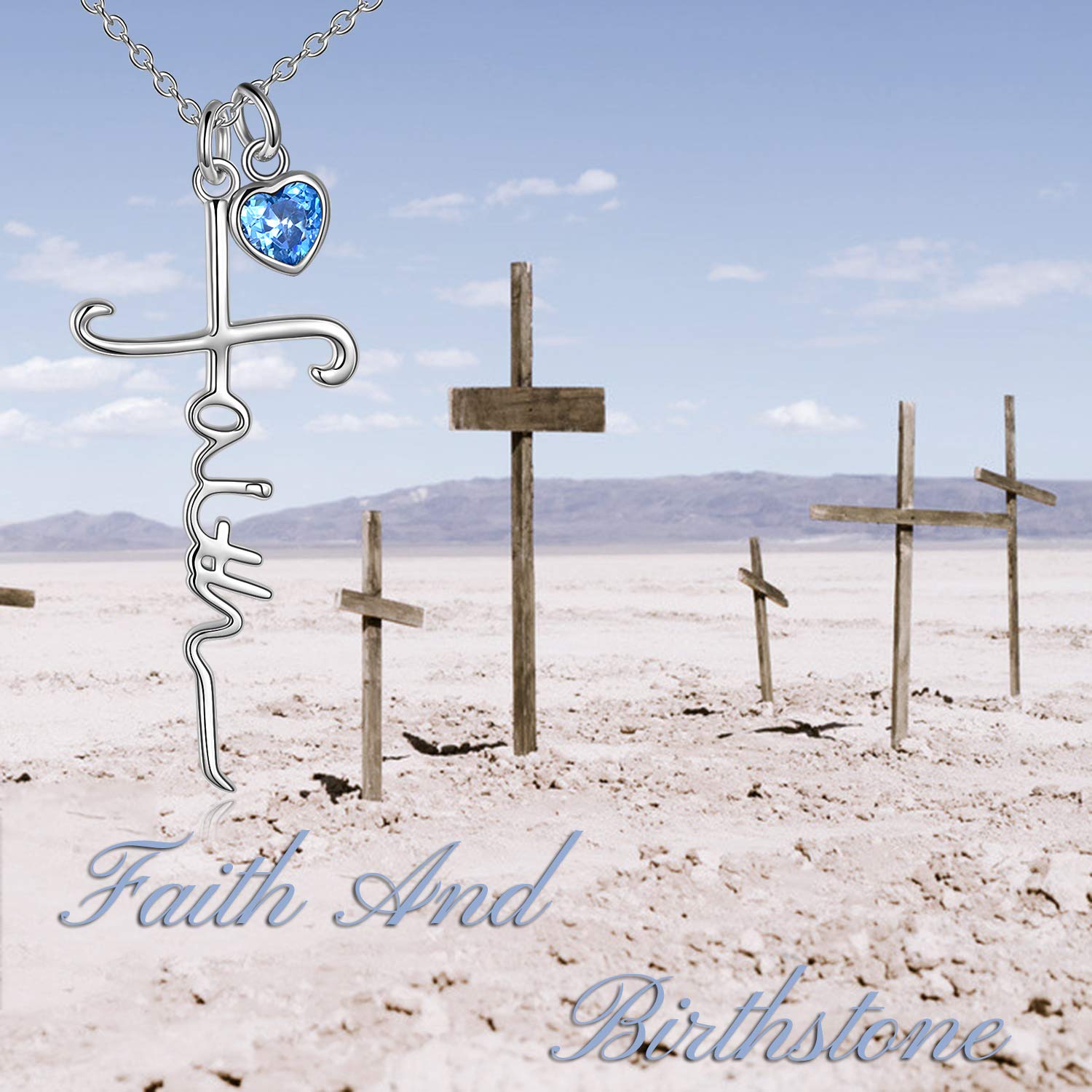 UCADRIT Faith Cross Necklace March Birthstone Sterling Silver with Simulated Birthstone Faith Jewelry First Communion Confirmation Graduation Christmas Gift for Women