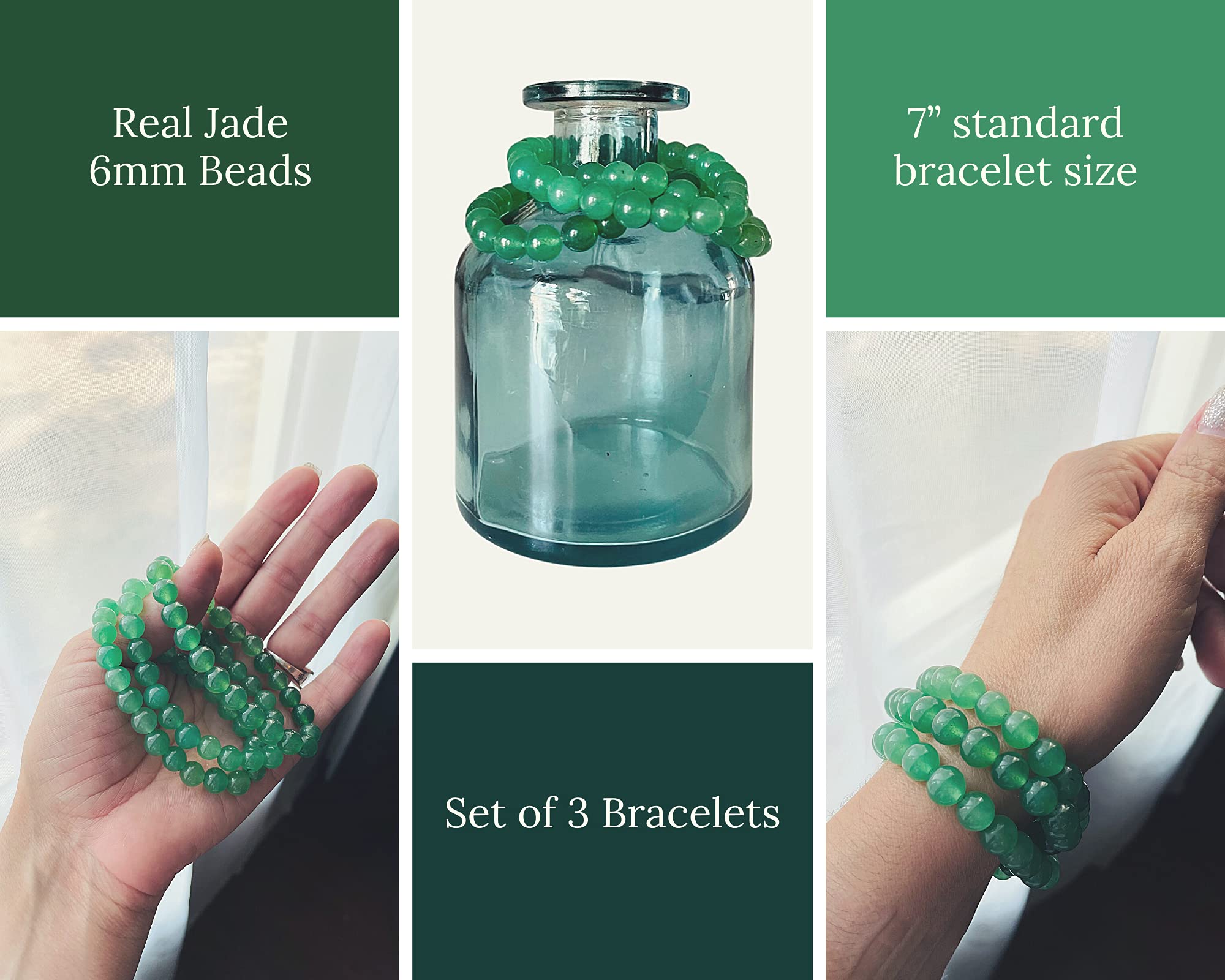 Ollie West Set of 3 JADE BRACELET FOR WOMEN - 8mm REAL JADE BEADS - 7" Standard Size - JADE Jewelry for Women - Healing Crystal Jewelry - JADE Stone Bracelet for Women - Worry Beads (Green)