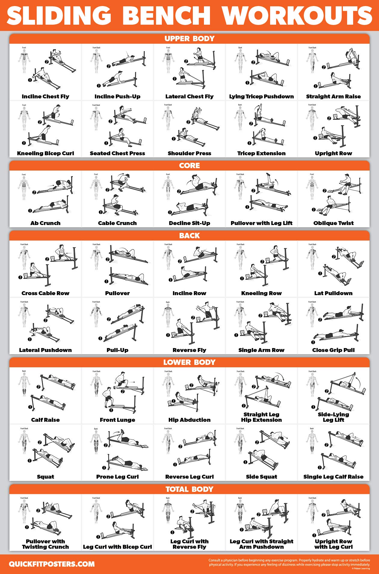 Palace Learning 3 Pack: Bodyweight Workouts + Stretching Exercises + Sliding Bench - Set of 3 Workout Charts