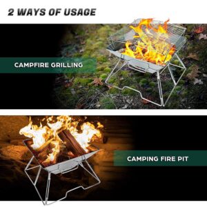 Odoland Bundle – 2 Items 10pcs Camping Cookware Mess Kit and Folding Campfire Grill, Camping Fire Pit, Outdoor Wood Stove Burner for Outdoor Backpacking Hiking BBQ