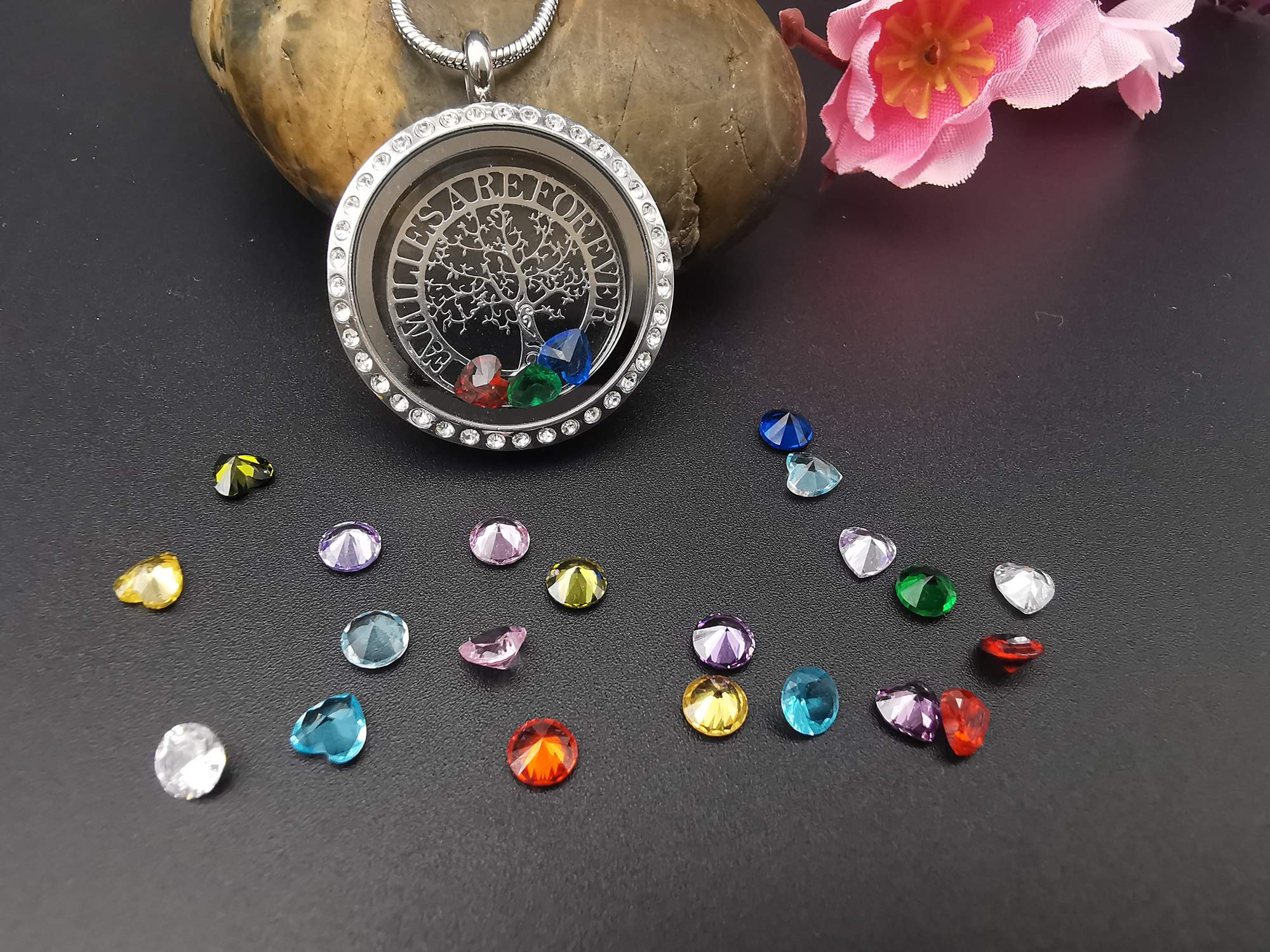 GOKING Famliy Tree of Life Necklace, Familes Are Forever Diy Family Charms Memory Floating Locket Pendant with 24 Birthstones for Mom Mother Mummy Grandma Nana Aunt Niece Women