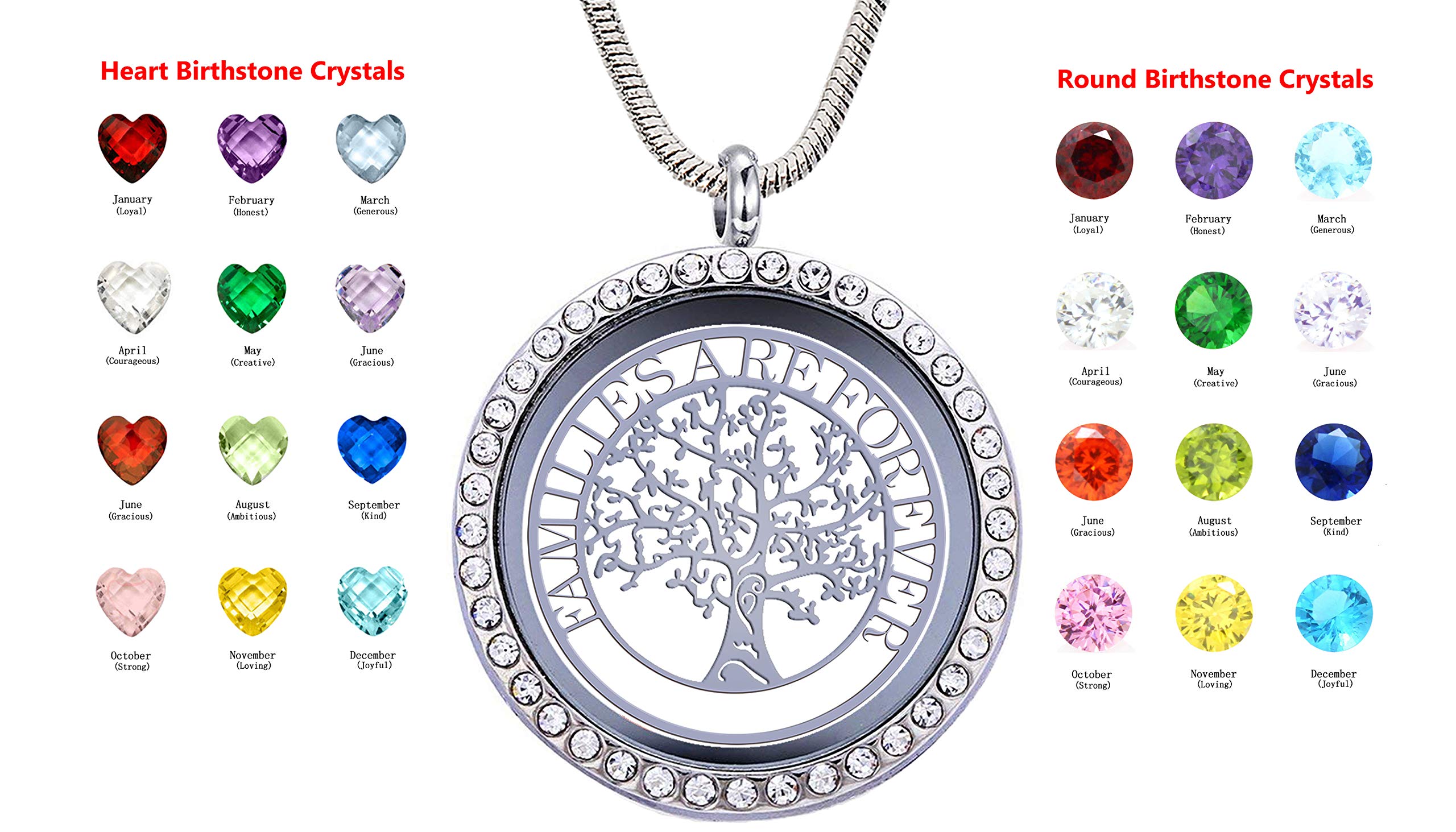 GOKING Famliy Tree of Life Necklace, Familes Are Forever Diy Family Charms Memory Floating Locket Pendant with 24 Birthstones for Mom Mother Mummy Grandma Nana Aunt Niece Women