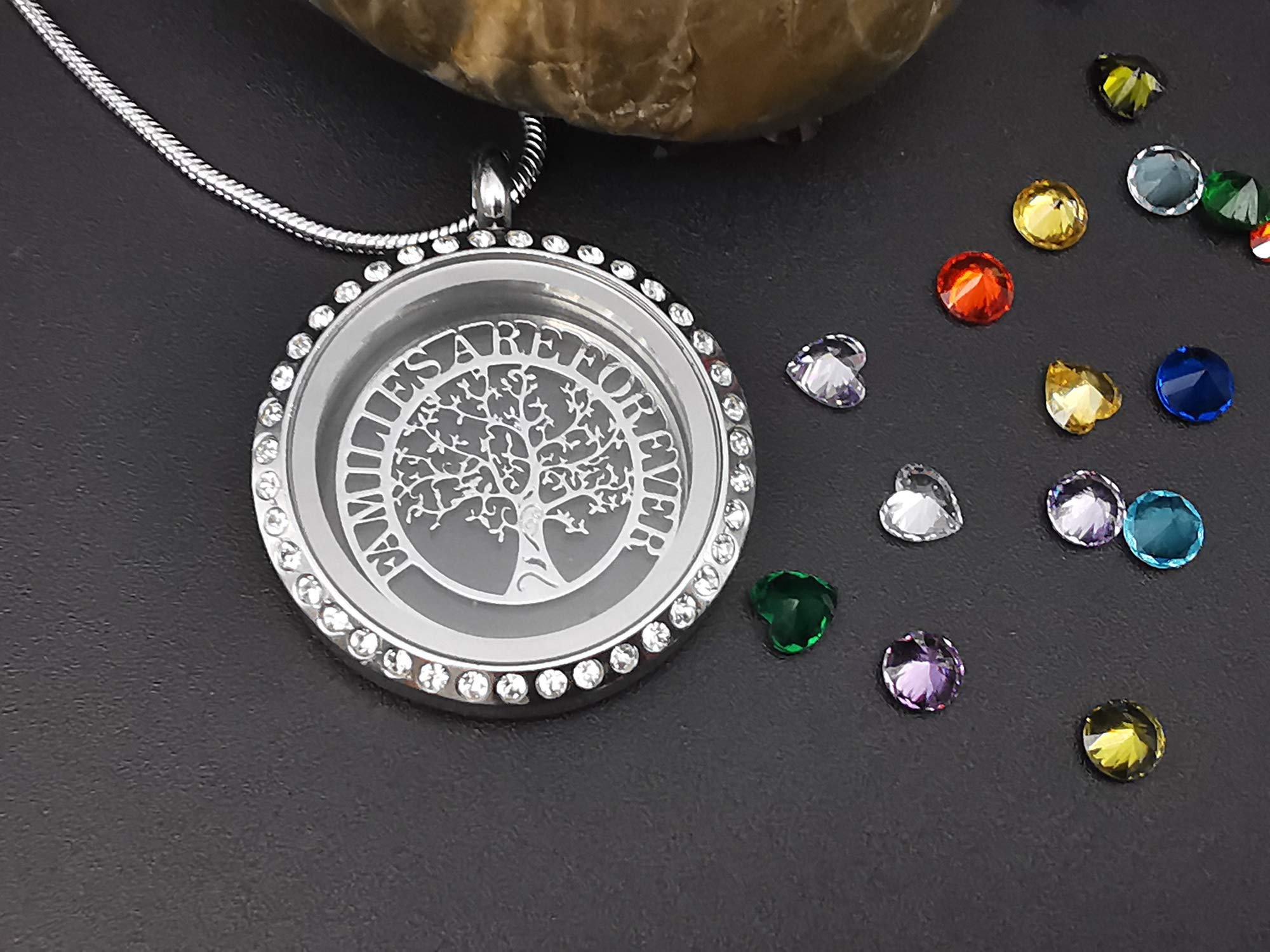 GOKING Famliy Tree of Life Necklace, Familes Are Forever Diy Family Charms Memory Floating Locket Pendant with 24 Birthstones for Mom Mother Mummy Grandma Nana Aunt Niece Women