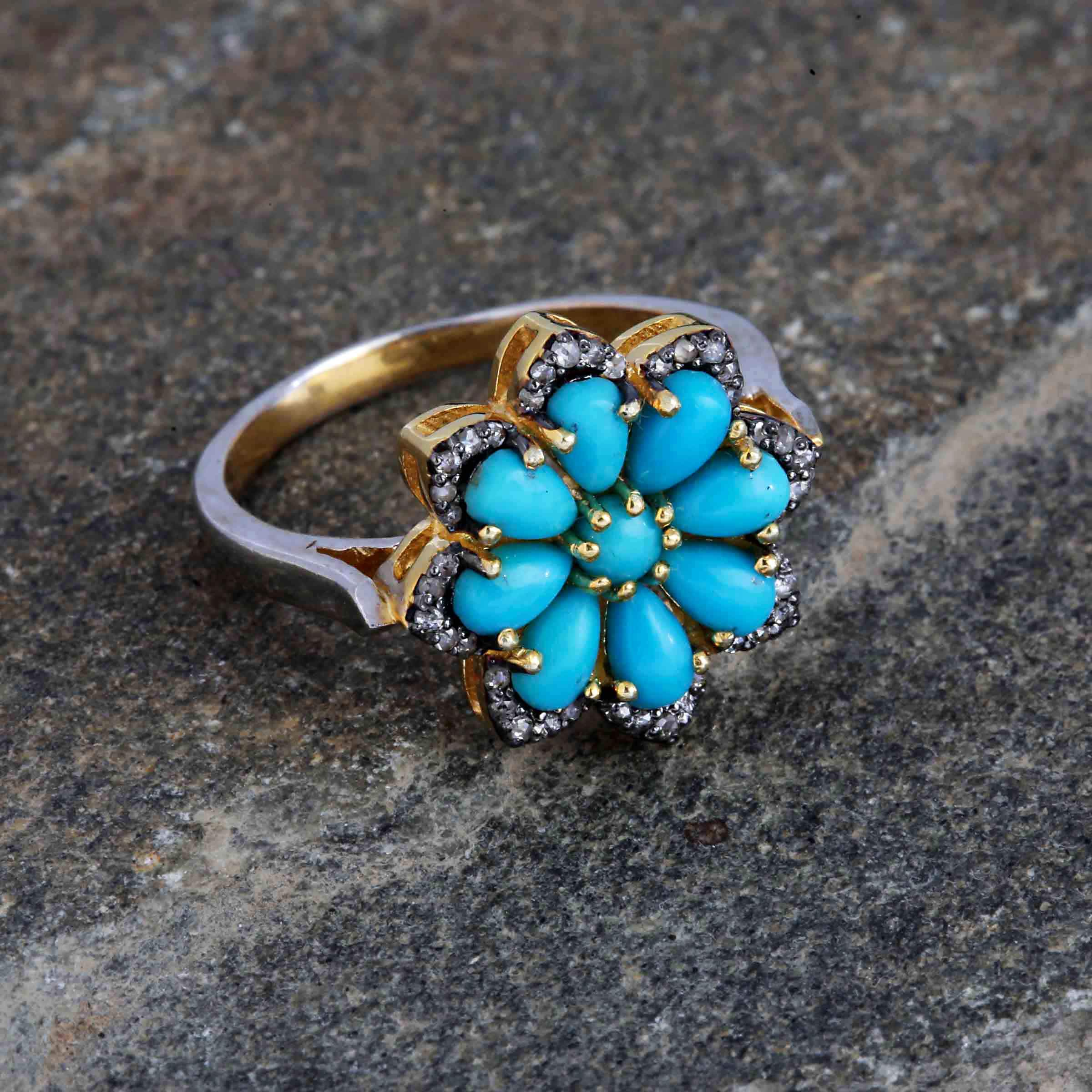 Shweta Creations Handmade Natural Diamond Ring,Diamond Flower Ring With 0.19 Carat Brown Natural Diamond (I2-I3 Clarity) And 1.45 cts. Blue Soothing Turquoise For Women Gifts On Birthday Anniversary