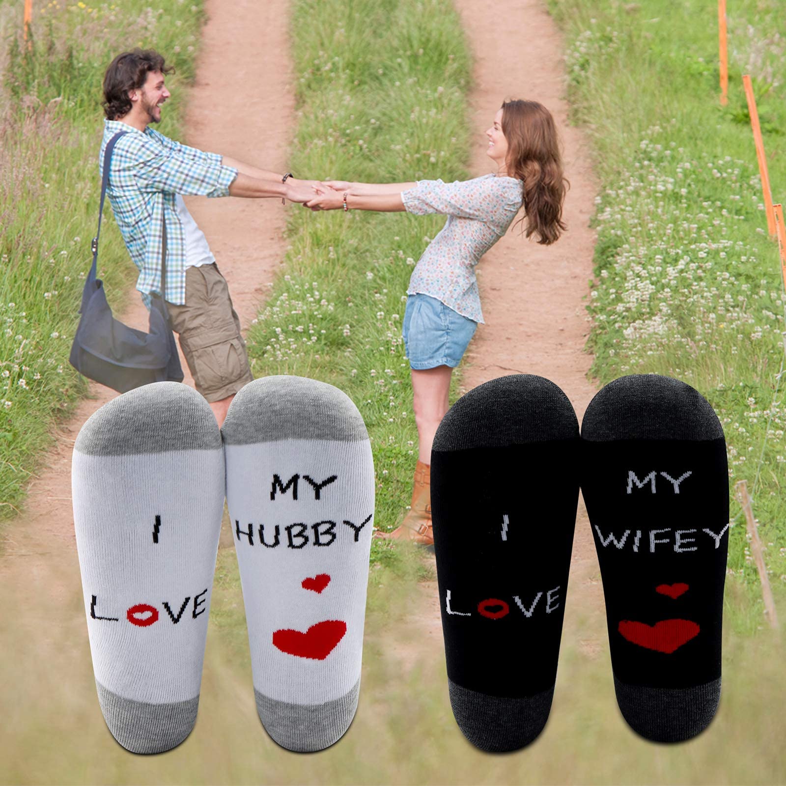 MBMSO Hubby and Wifey Gifts I Love My Wifey Hubby Socks Groom Funny Gifts Engagement Gifts for Husband Wife Bridal Shower Gifts (1 Pair Hubby +1 Pair Wifey)