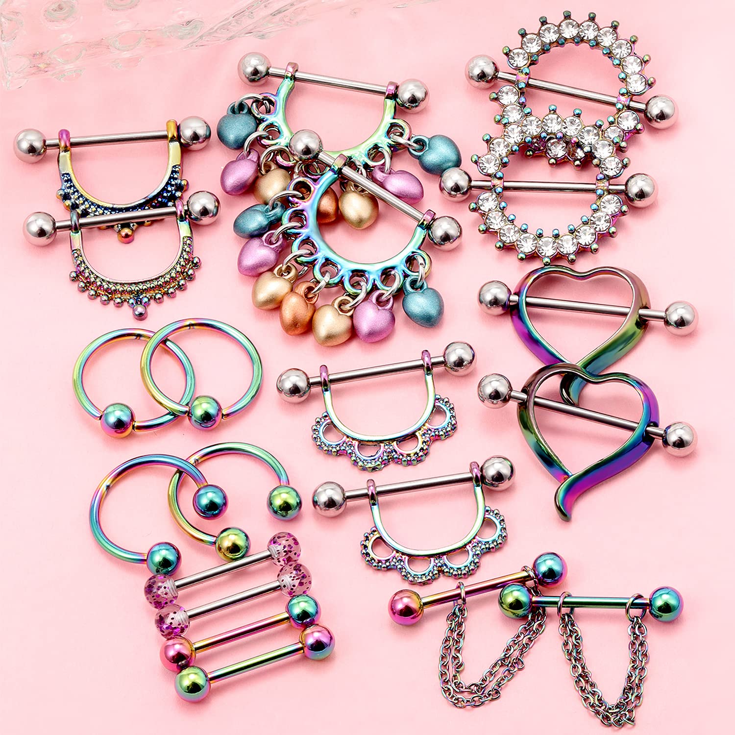 Ftovosyo 20Pcs Nipple Ring 14G Surgical Steel Tongue Nipplerings Barbell Bar Hoop Rings Retainer CZ Heart Chain Dangle Nipple Piercing Jewelry for Women Men 14MM (9/16 Inch) Rainbow