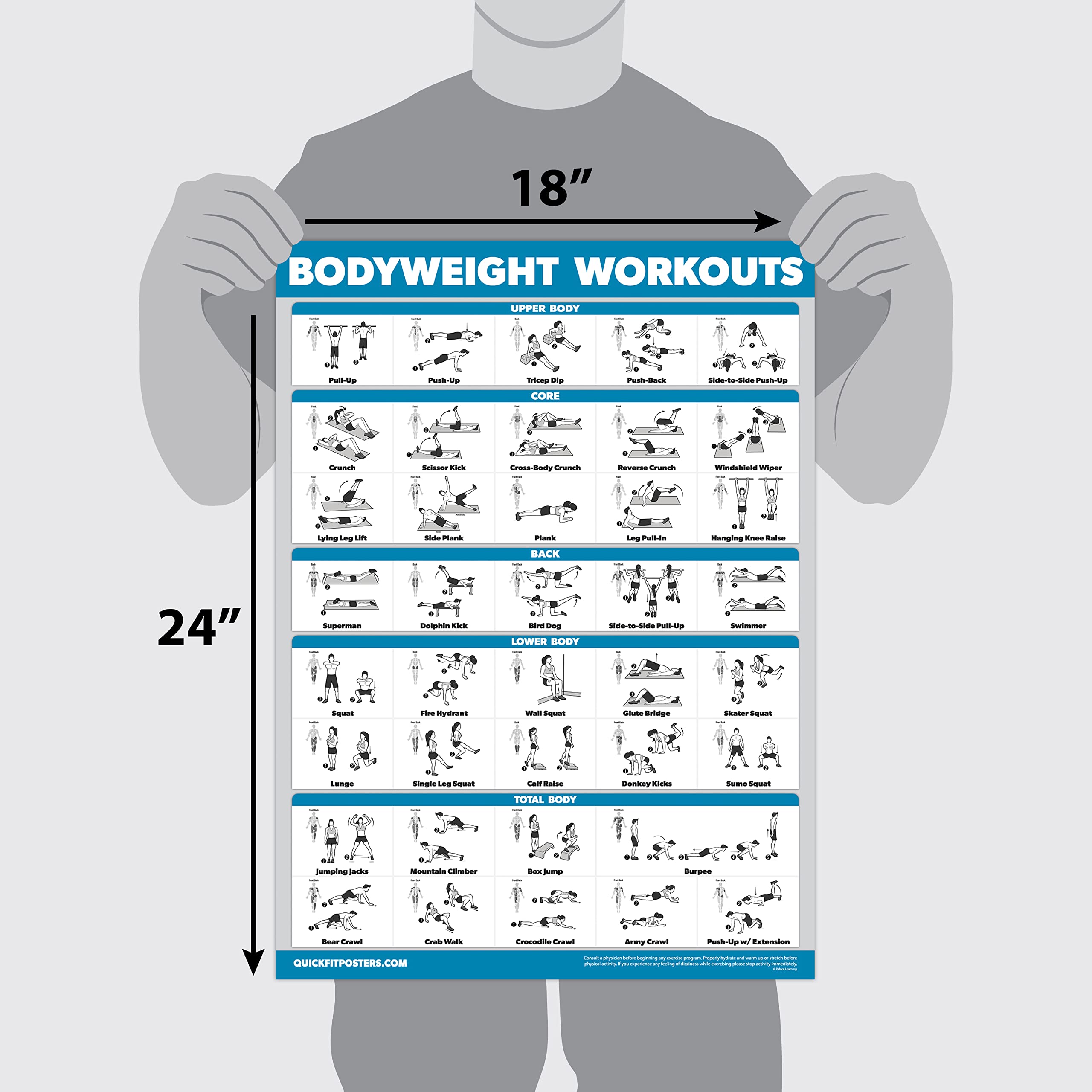 Palace Learning 3 Pack: Bodyweight Workouts + Stretching Exercises + Sliding Bench - Set of 3 Workout Charts