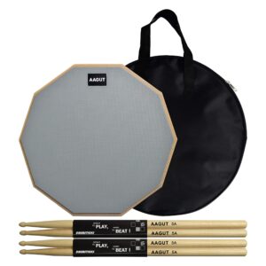 aagut practice pad with drum sticks set, 12 inch marching band bass snare drums pads with 4 hickory classic drumsticks and carry bag (gray)