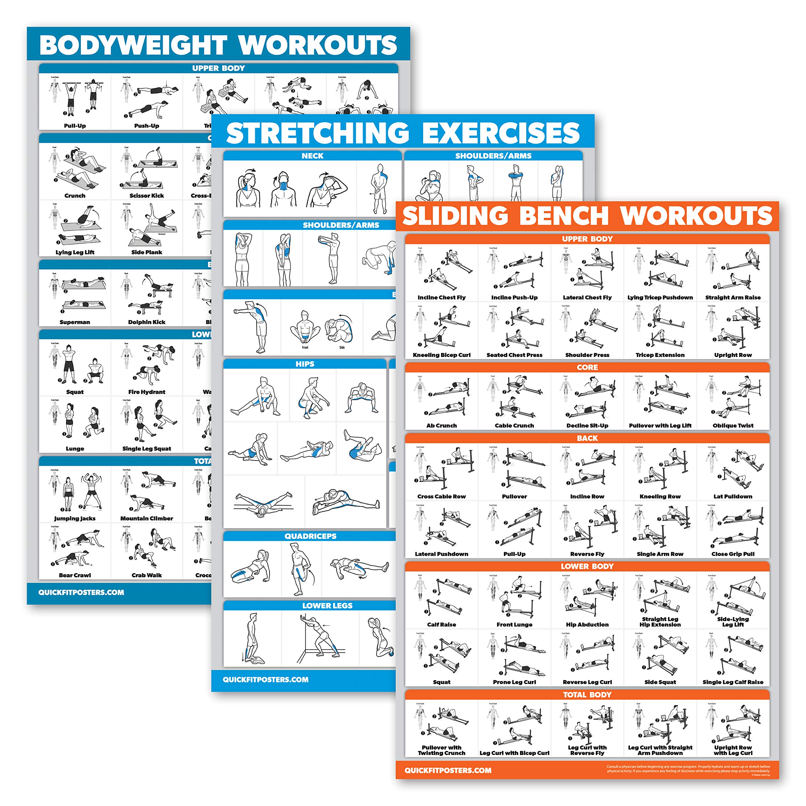 Palace Learning 3 Pack: Bodyweight Workouts + Stretching Exercises + Sliding Bench - Set of 3 Workout Charts