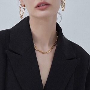 Shapes Studio 18K Gold Plated Titanium Thick Paperclip Chain Necklace, Minimalist Style, Bold Chunky Paper Clip Chain Necklace, Short Necklace, Never Tarnish(40cm)