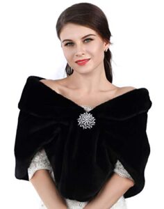 unicra wedding fur wraps and shawls faux fox fur stoles winter cover up with rhinestones brooch for women and girls (us 4-14(s-m), black)