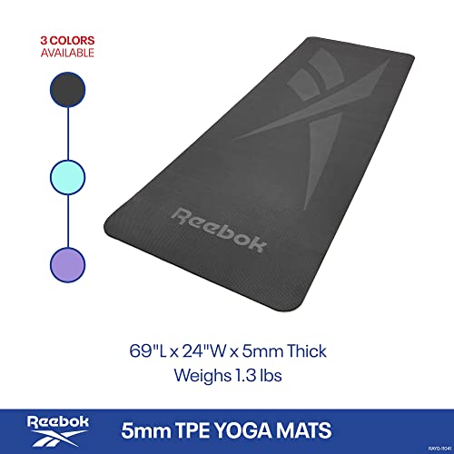 Reebok Yoga Mat - Lightweight, Compact, Rollable, and Cushioned Supportive Workout Mat for Yoga, Pilates, and General Exercise - Non Slip TPE Yoga Mat with Non Slip Texture - 5mm, Black