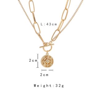 Gold Chunky Thick Link Chain Necklace Compass Coin Pendant Toggle Necklace Charm Minimalist Jewelry for Women Men Teen Girls