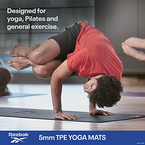 Reebok Yoga Mat - Lightweight, Compact, Rollable, and Cushioned Supportive Workout Mat for Yoga, Pilates, and General Exercise - Non Slip TPE Yoga Mat with Non Slip Texture - 5mm, Black